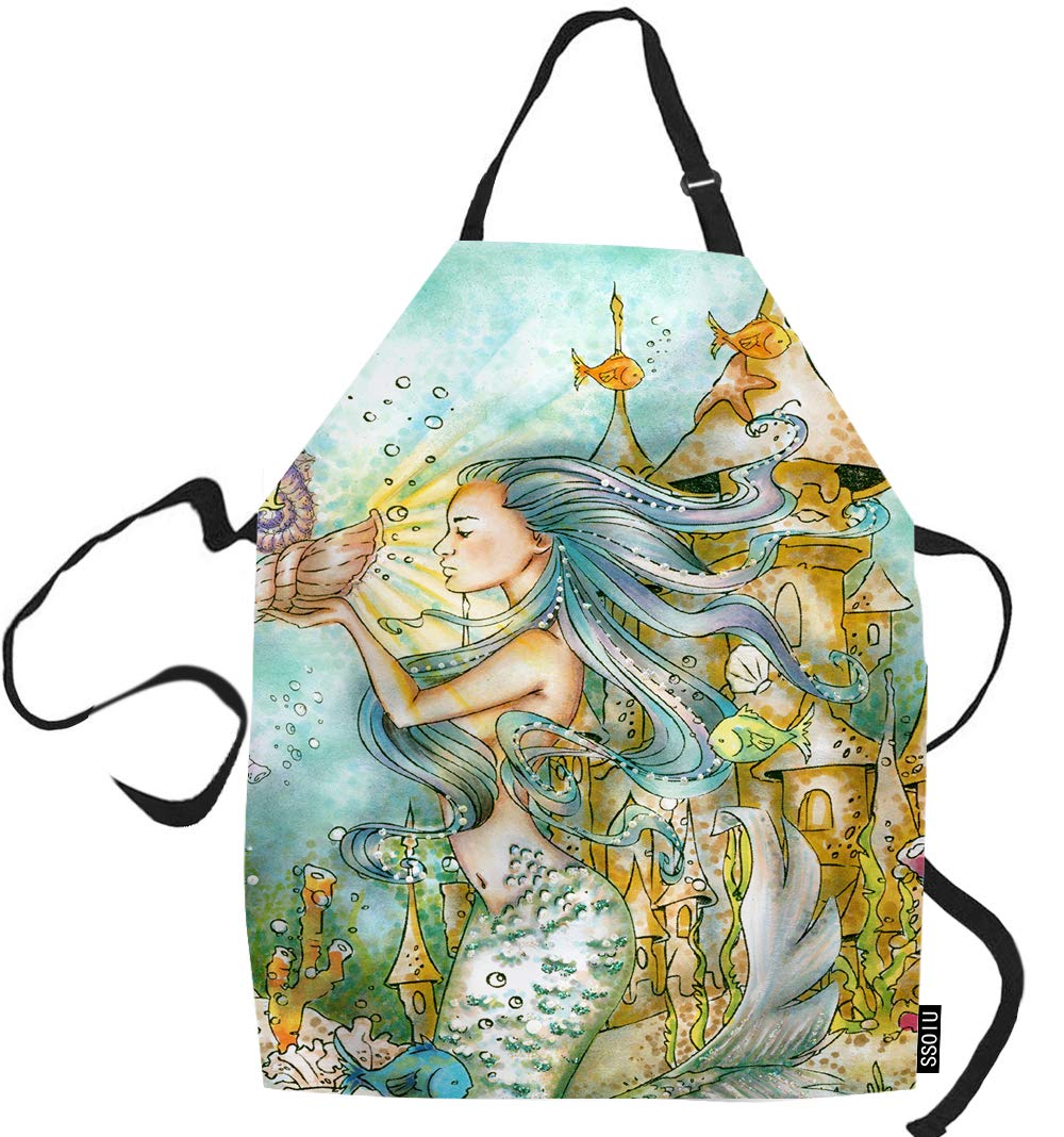 SSOIU Mermaid Cooking Apron, Legendary Mermaid Beautiful Mermaid Art Kitchen Apron For Baking/BBQ Men Women Unisex Waterproof 31X27 Inches