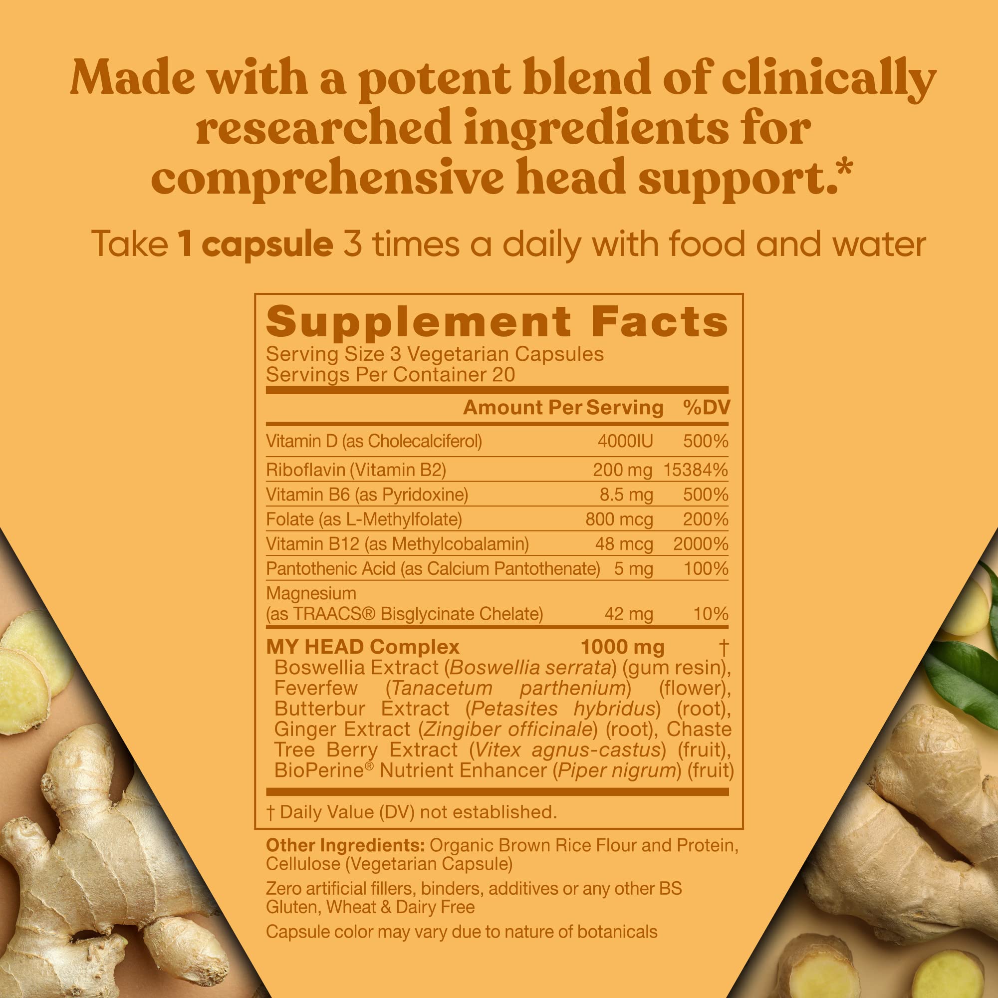 My Head! Headache Vitamins β Sensitivity, Tension, Comfort, Healthy Head Function for A Clear Mind β Fast acting Magnesium, Butterbur, Feverfew, Boswellia, Vitamin D, Ginger, & More β 60 Soft Capsules