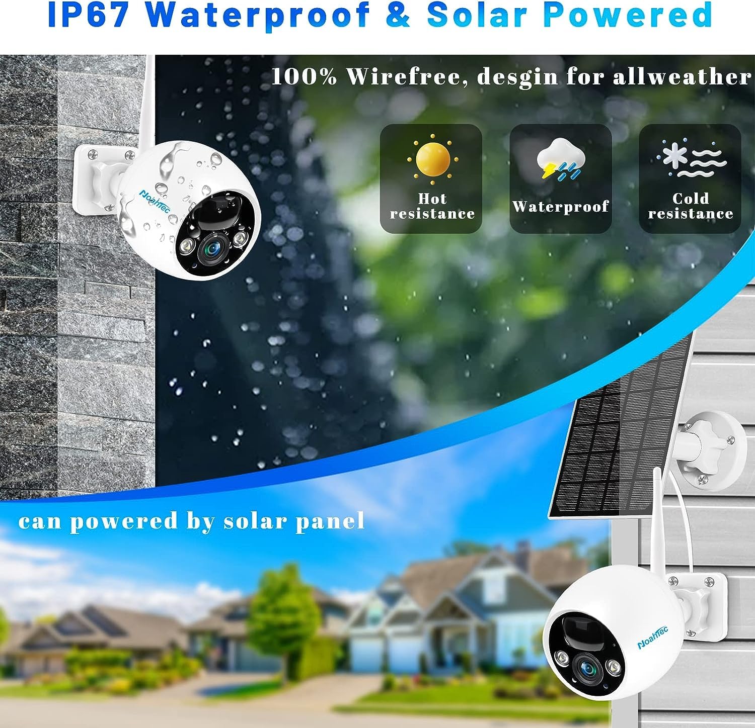 NoahTec Solar Security Cameras Wireless Outdoor, 2K HD Battery Solar Powered Cameras for Home Security Outside AI Motion Detection Siren, Spotlight Night Vision Two Way Talk (2.4GHz WiFi)