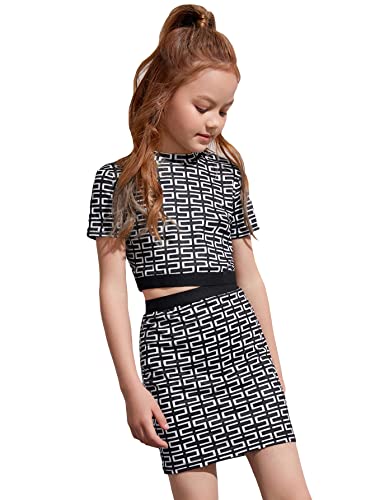Milumia Girl Two Piece Outfits Geo Print Mock Neck Short Sleeve Tee and Mini Skirt Set Black and White 10 Years