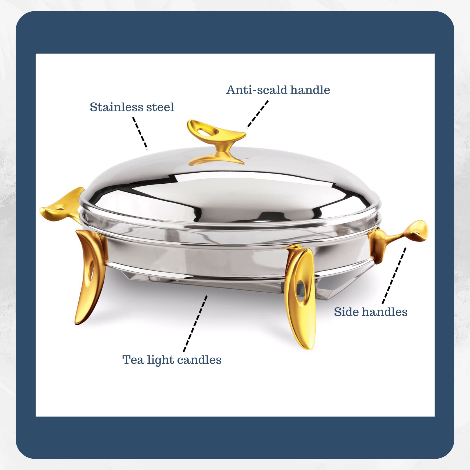 Rigeli Regent O2 Stainless Steel 3 Lt. Oval Warmer with Stainless Steel Cover, Chafing Dish, Buffet Servers, Gold, Silver