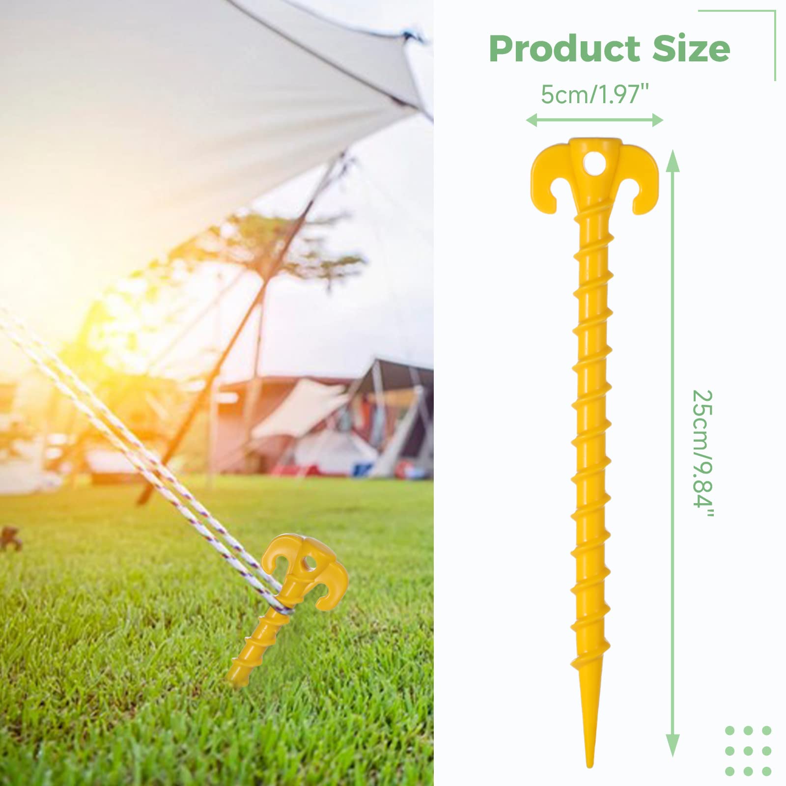 Sand Stakes, OMISTAR Plastic Stakes, 8-Pack Beach Stakes, Heavy Duty Screw Style Tent Stakes, 10 Inch Durable Outdoor Tent Pegs, Yellow Canopy Stakes for Hiking Camping