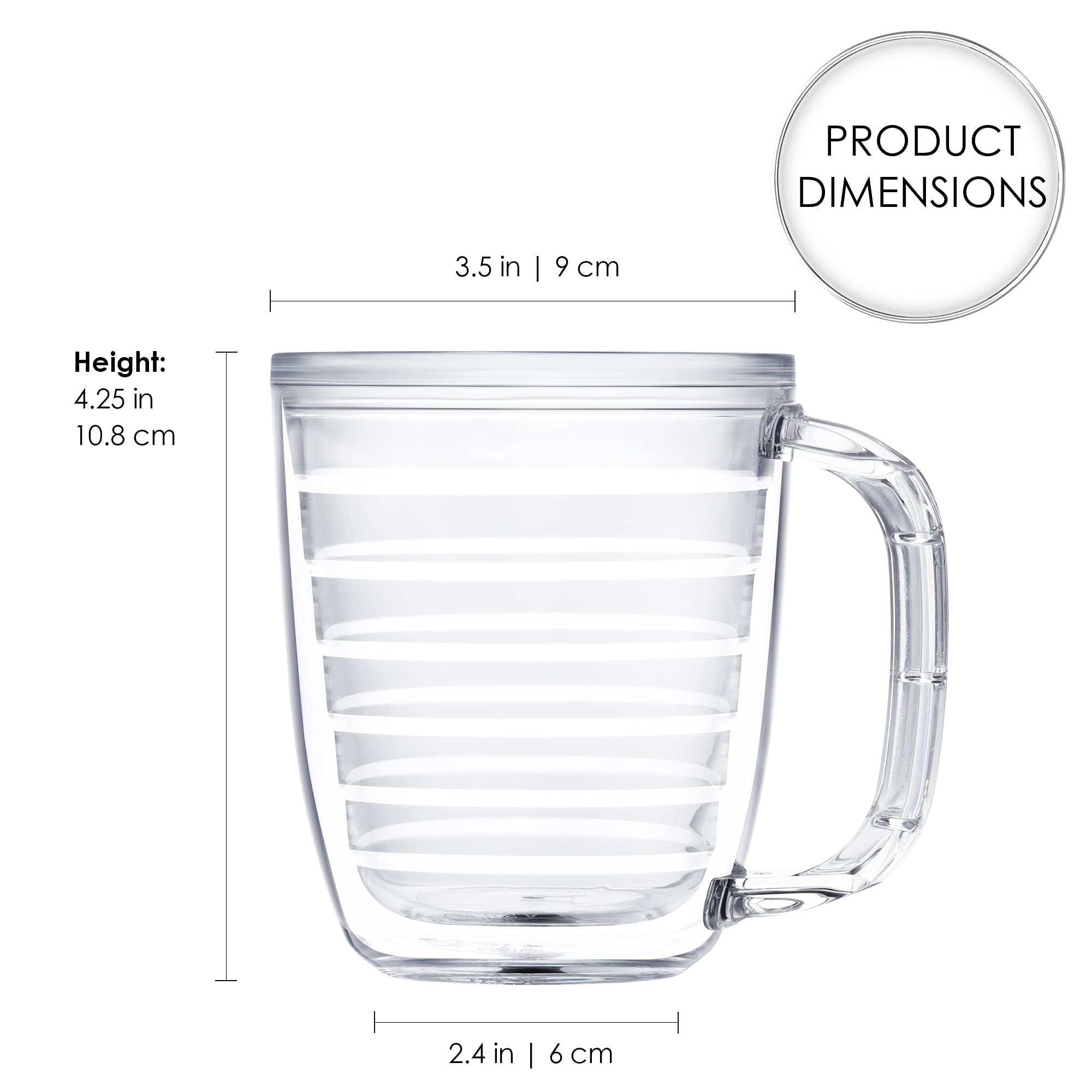 Srenta 12-Ounce Insulated Coffee Mug | Doubled Walled Coffee Tumblers Made From Tritan Plastic | Contains No BPA or BPS | 4-1/4" Clear Tumbler Works in Dishwasher, Microwave & Freezer | 4 Pack