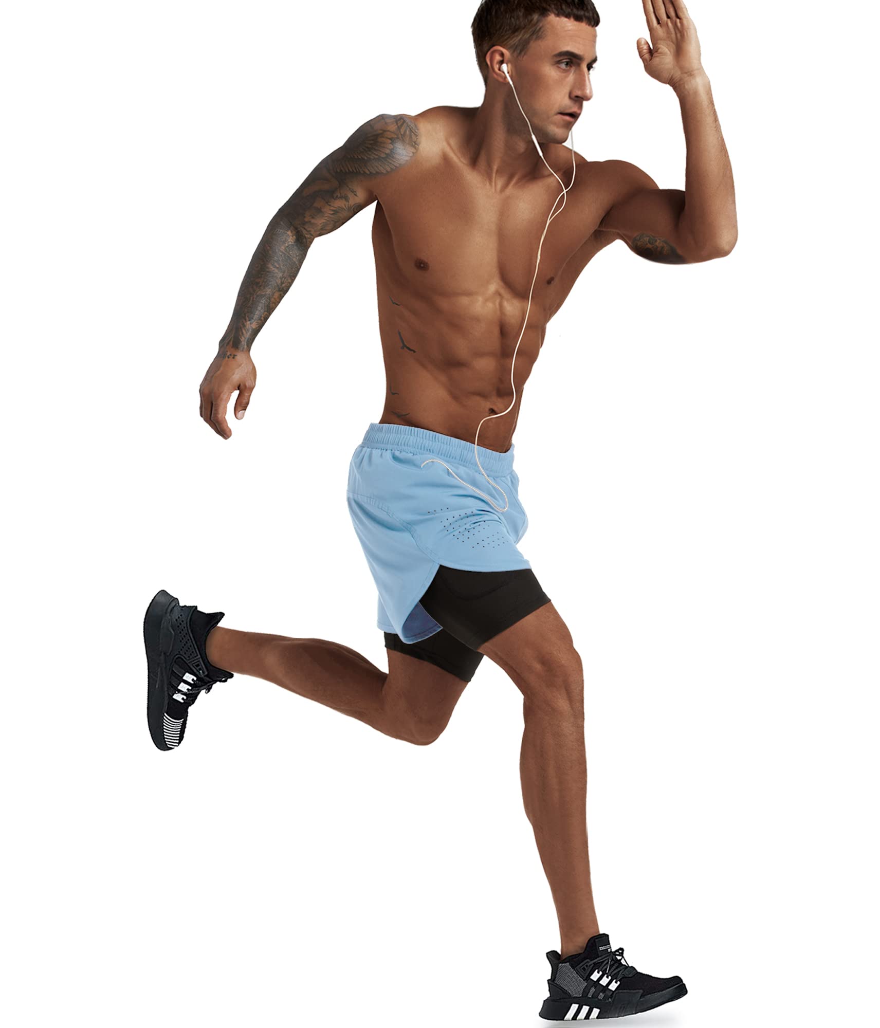 Lulucleaf Running Shorts for Men with Liner Mens 2 in 1 Workout Athletic Yoga Shorts (Light Blue, XL)