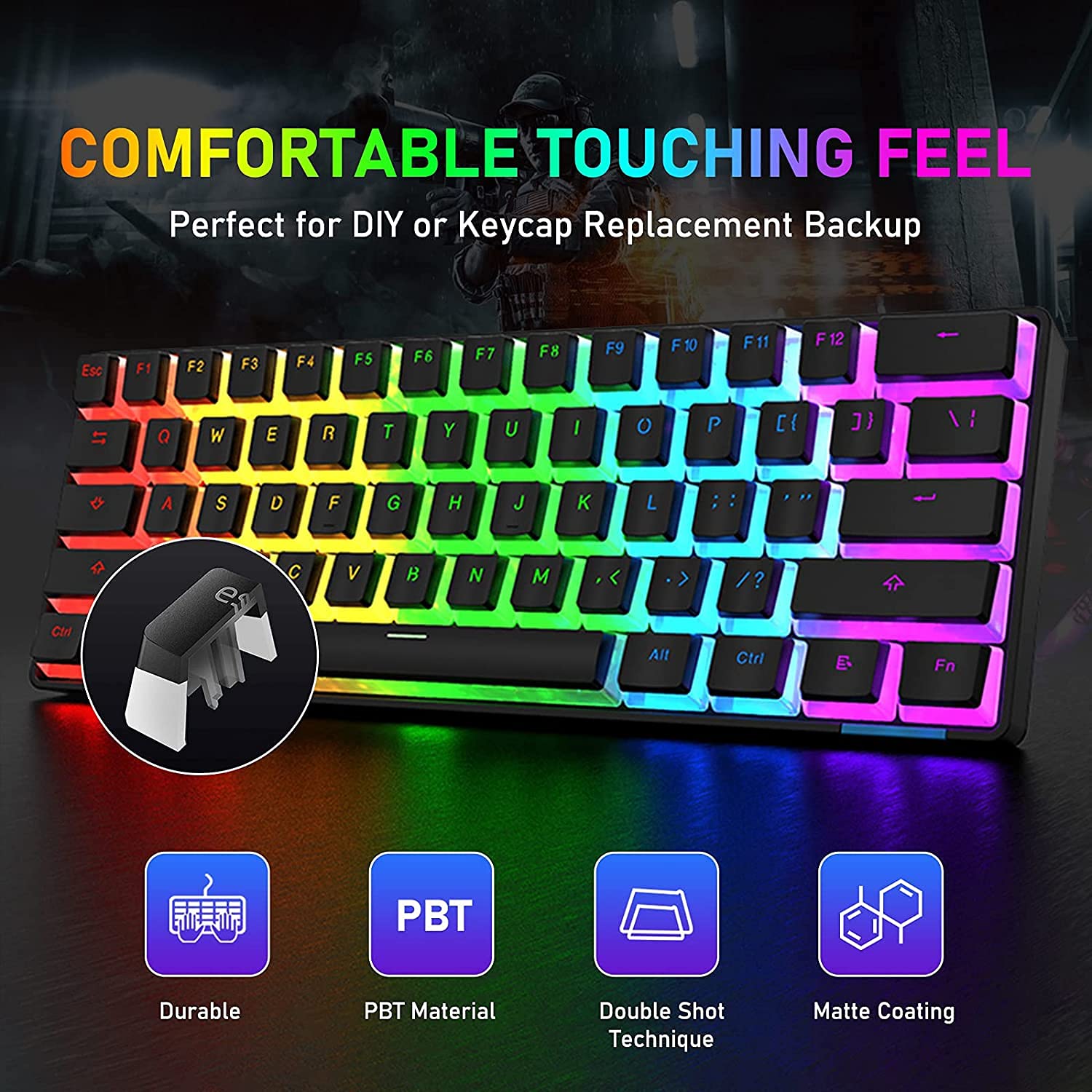 unband 60% True Mechanical Gaming Keyboard Type C Wired 68 Keys LED Backlit USB Waterproof Keyboard 18 Chroma RGB Lighting Backlight Full Anti-ghosting Keys for Gamers and Typists (Black/Blue Switch)