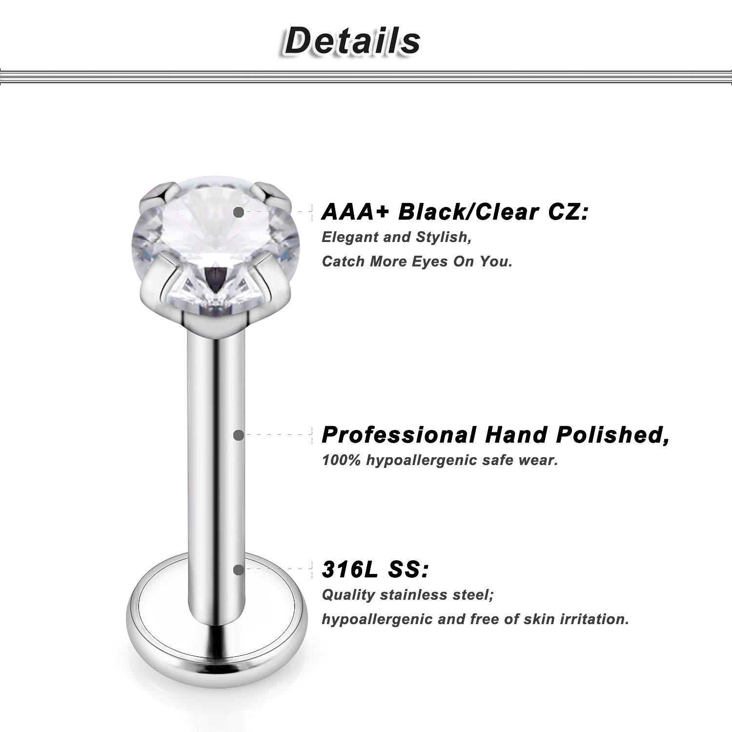 Ocptiy 16G Lip Ring Stud Forward Helix Earring Cartilage Tragus Earrings Stud Stainless Steel Clear Flexible Lip Rings Labret Studs Medusa Monroe Piercing Jewelry for Women Men 3mm