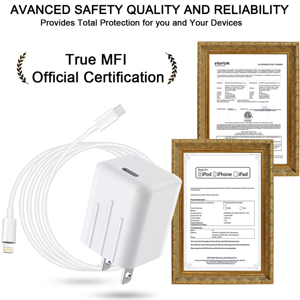 Phone Charger Fast Charging 20W PD Type C Adapter Wall Charger with 6FT USB-C to Lighting Data Cable, Suitable for Phone 14 13 12 11 Plus Pro Max Mini Xs Xr X and Pad