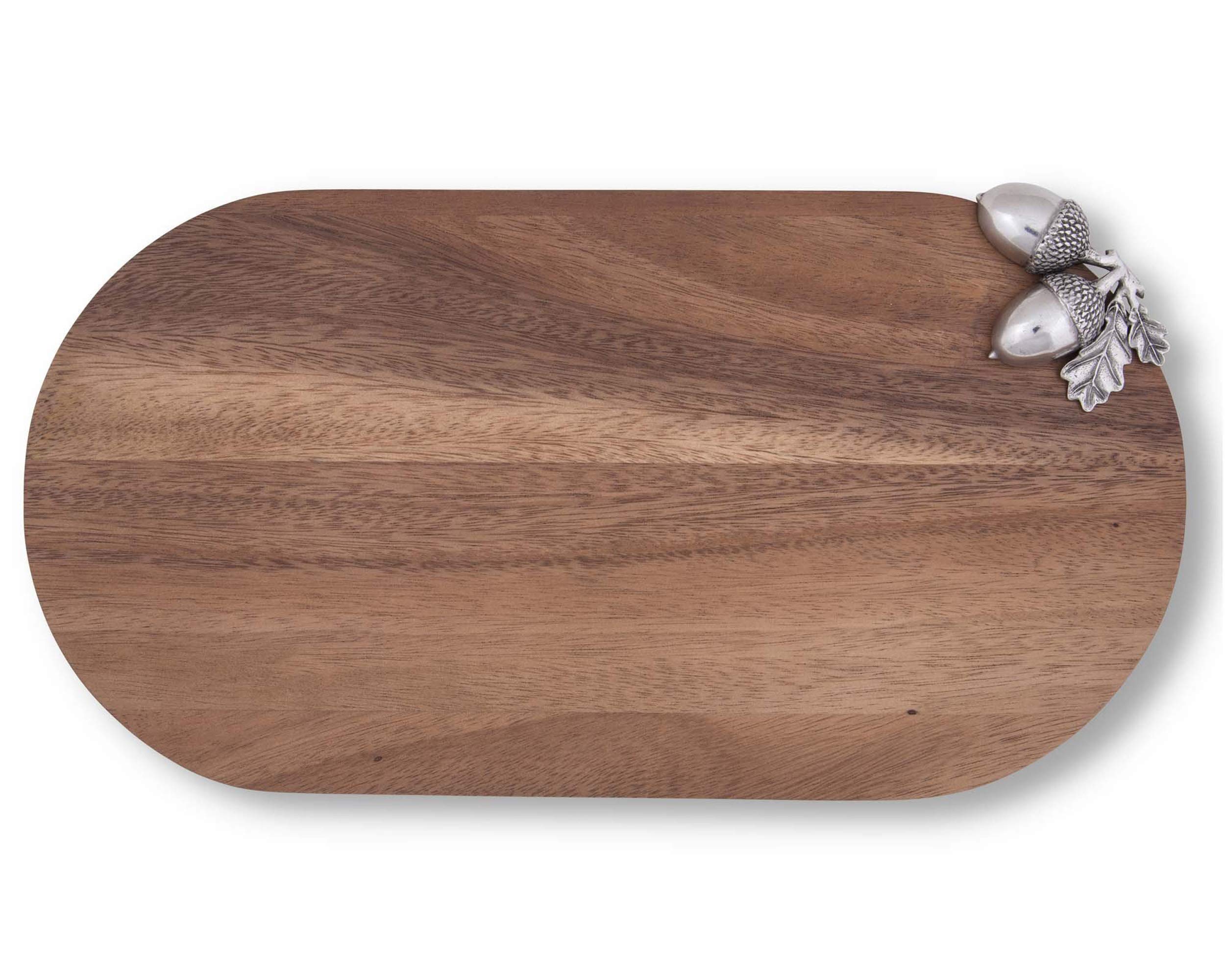 Vagabond House Cutting Bar/Cheese Acacia Wood Board with Pewter Metal Acorn 16.5 inch Long x 9 inch Wide