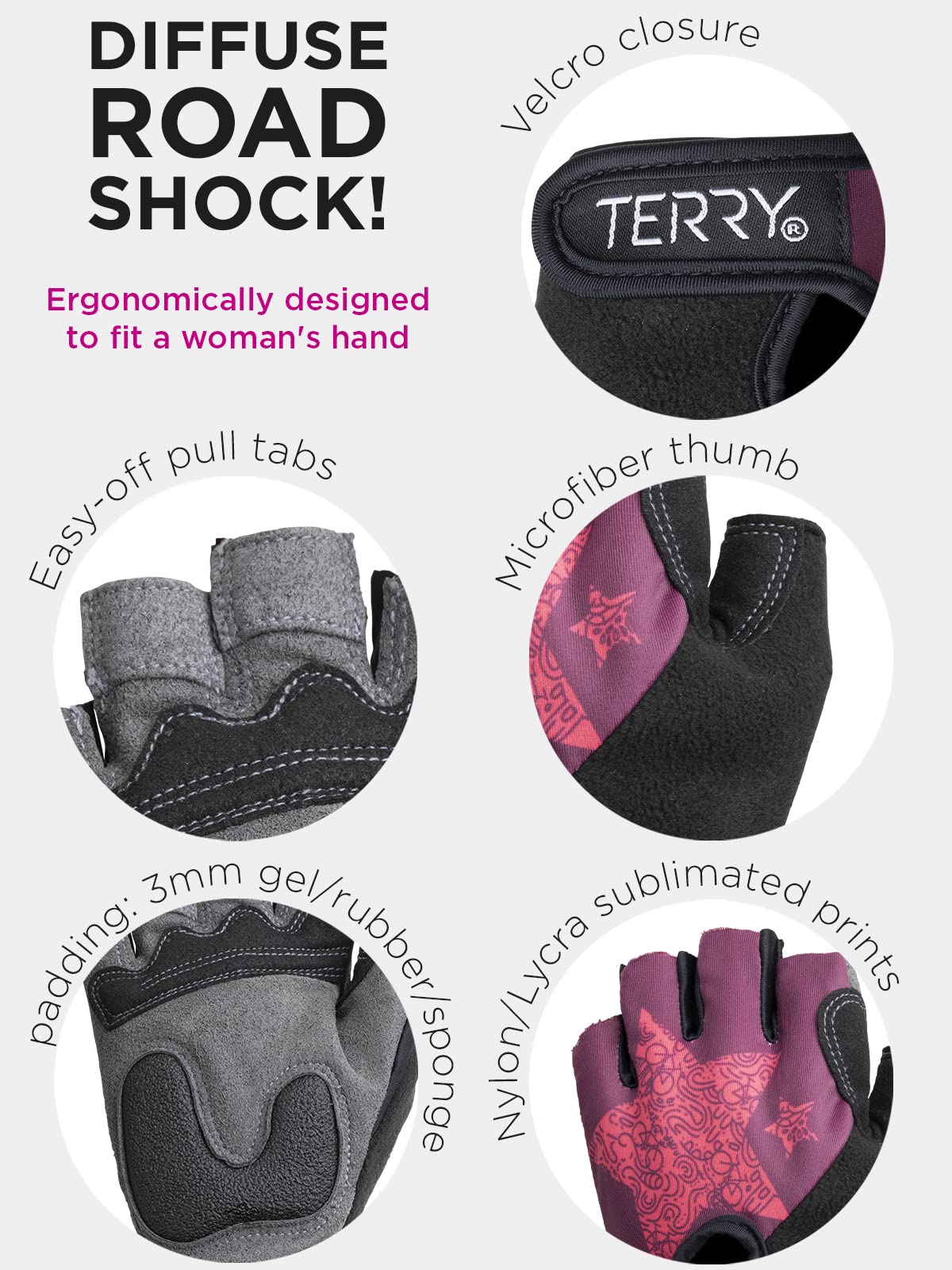 Terry T-Gloves LTD, Women's Padded Cycling Short Finger Glove, Limited Edition Spring/Summer Coordinating Prints - Dreamweaver II, Large 664228A4CF8