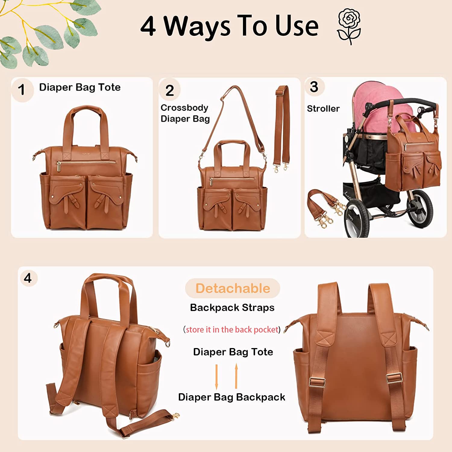 Yomiky Leather Diaper Bag Backpack, Diaper Bag Tote Travel Tote Bags with Large Capacity and Multiple Pockets