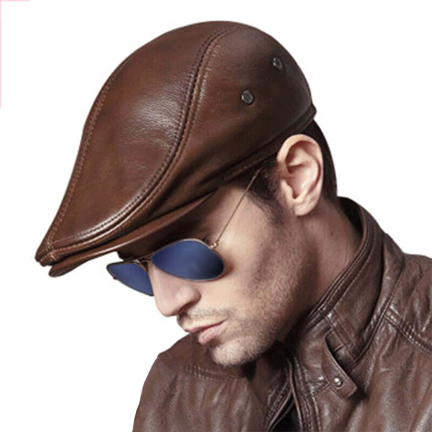 Ogvpe Men's Adjustable Leather Hat Fashion Spring Newsboy Cap Hat Leather Ivy Cap Beret Hat Flat CapGift for Dad Boyfriend Brown