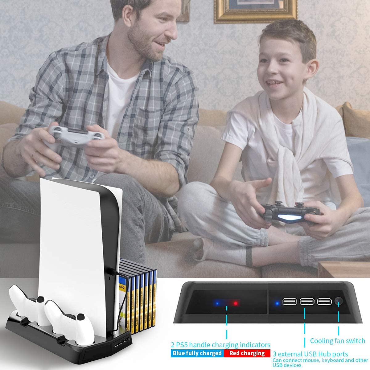 OSTENT Multi-Function Vertical Stand, Charging Station Dock, Cooling Fan, Retractable Game Storage Bracket for Sony PS5 Disc/Digital Edition Console DualSense Controller