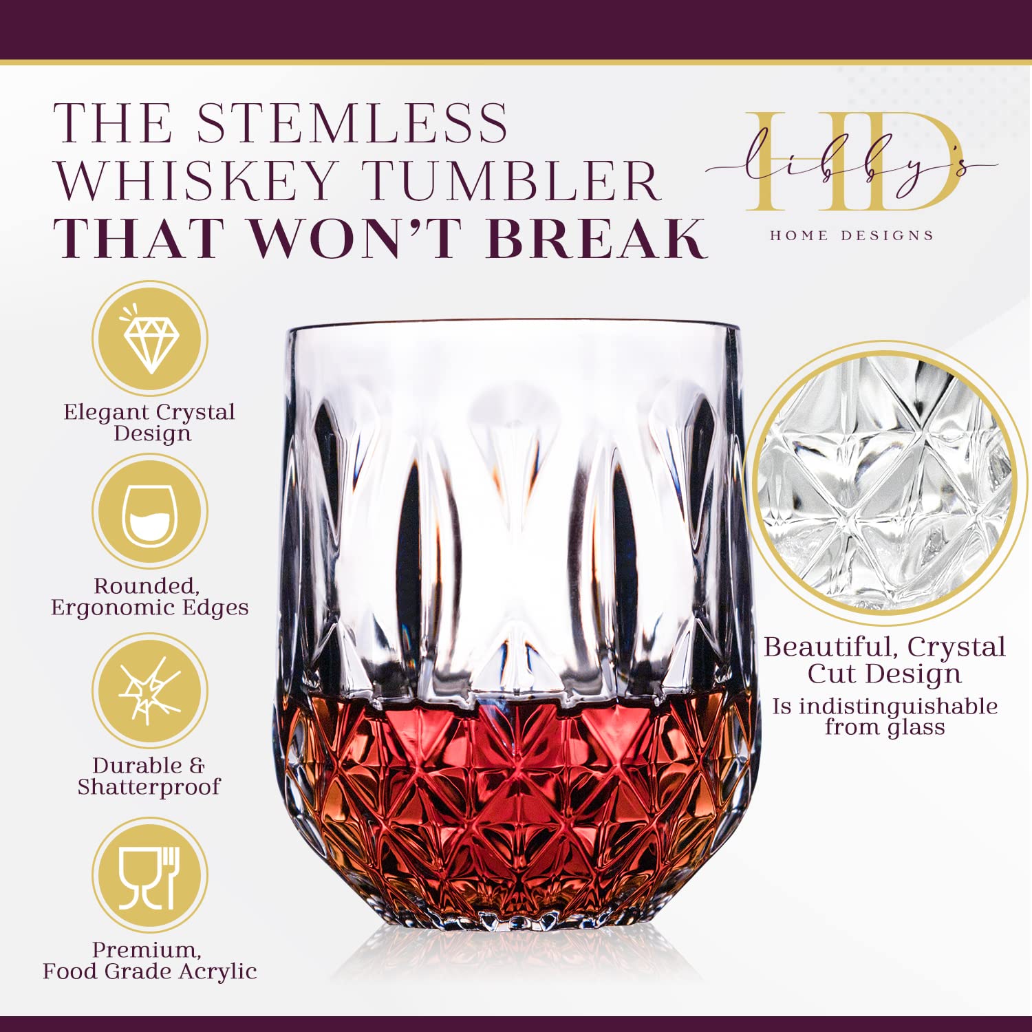 Plastic Stemless Wine Glasses Set of 6 β Indoor, Outdoor Acrylic Wine Glasses - Unbreakable, Shatterproof Plastic Whiskey Glasses for Beaches, Camps & More β Reusable, Non-Toxic Travel Wine Glass