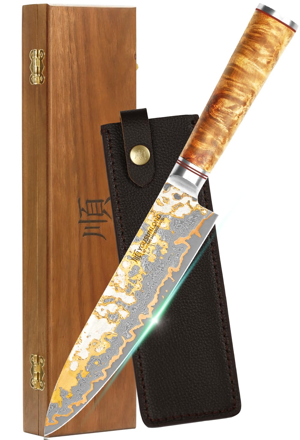 YOUSUNLONG Chef Knife - 8'' Blade Japanese Handmade Copper Damascus Steel - Professional Chef's Knife - Razor Sharp Slicing Knife - Naturel Burl Wooden Handle with Leather and Acacia Wood Box