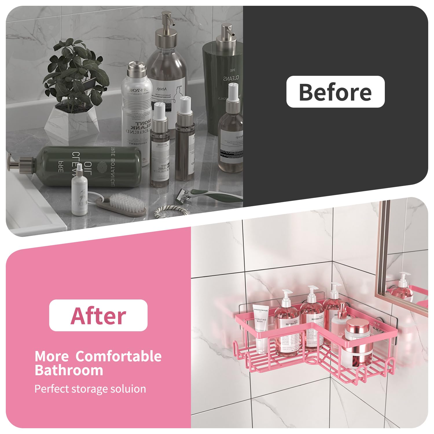 Youvip Shower Caddy Corner,3 pack Corner Adhesive Shower Caddy,Stainless Steel Bathroom Shower Organizer with Hooks & Soap Holder,Shower Shelves No Drilling for Bathrrom,Pink