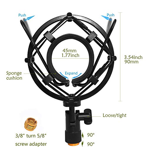 Microphone Shock Mount with Pop Filter, PEMOTech Mic Anti-Vibration Suspension Shock Mount Holder for 46mm-53mm Diameter Microphone, Compatible for AT2020 Microphone Shock Mount Bonus Screw Adapter