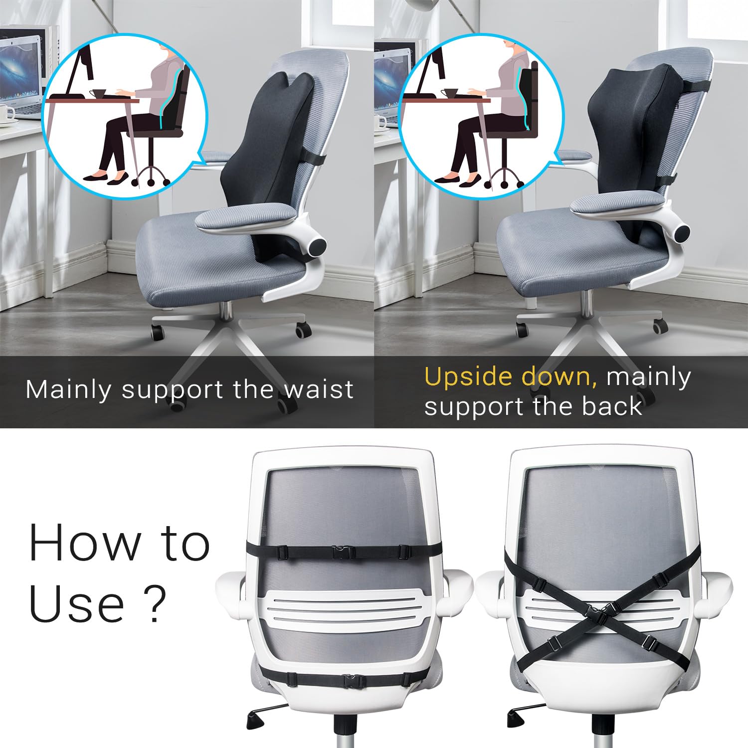 Lumbar Support Pillow for Office, Long Chair, Car -Memory Foam Support for Upper,Middle and Lower Back Pain Relief/Posture Improved with Double Strap-Black