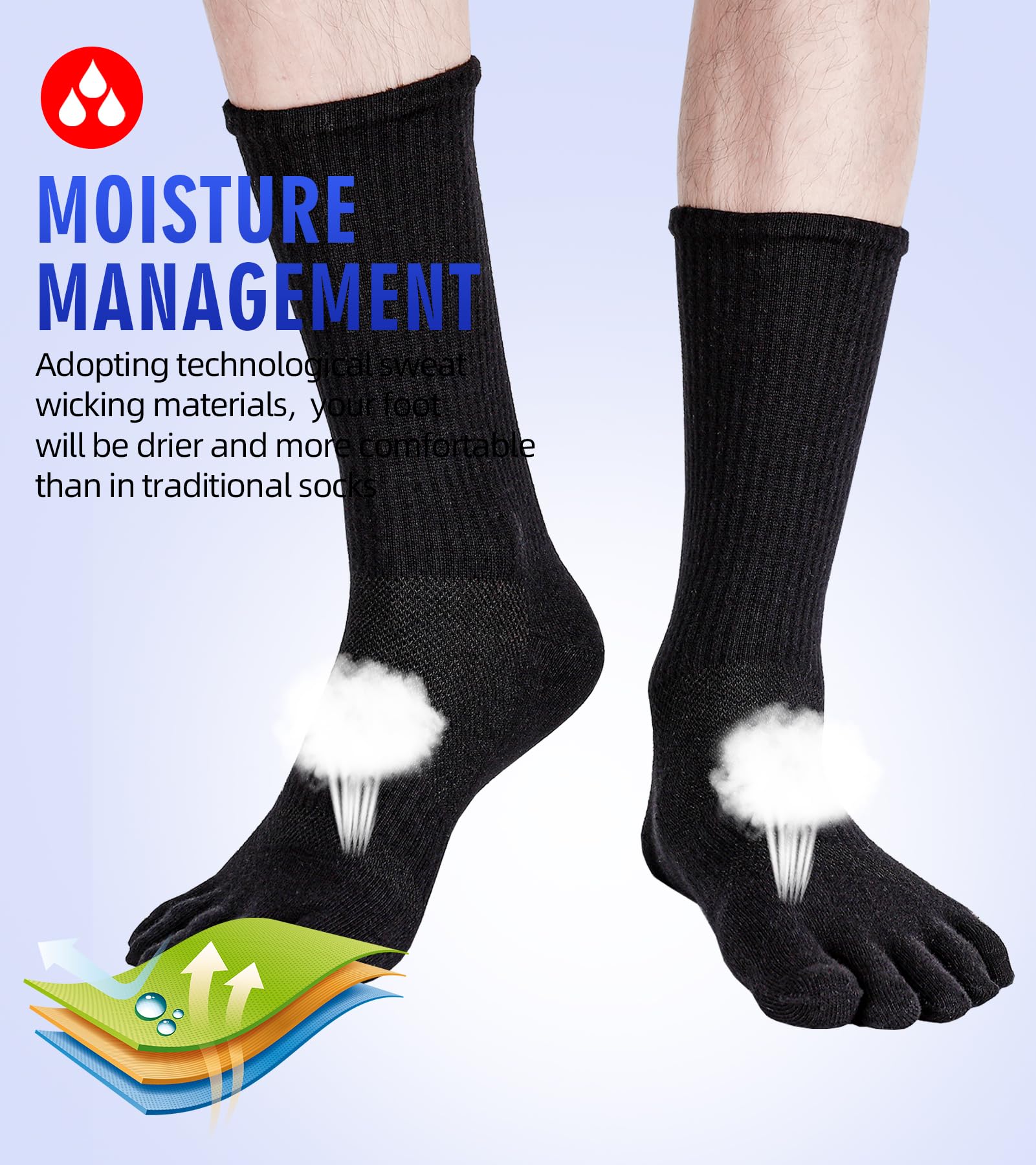 Men Toe Socks Five Finger Crew Cotton Athletic Wicking Grip Warm 6 Pack