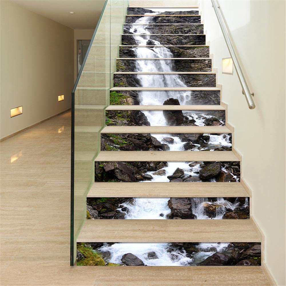 Master_GGGGG Stickers 3D Innovative DIY White Stream Decorative Adhesive Stair Stickers - Waterproof Stair Riser Decals - Peel and Stick Stair Stickers Decoration 13pcs/set 18cm X 100cm