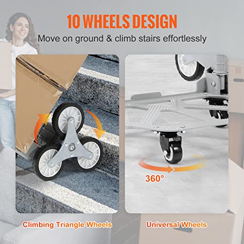 VEVOR Stair Climbing Cart, 220 lbs Load Capacity, Foldable Hand Truck with 32.3-45.7 inch Adjustable Handle Height, 4 Universal Wheels & 2 Elastic Ropes, Multipurpose Dolly for Warehouse Shopping