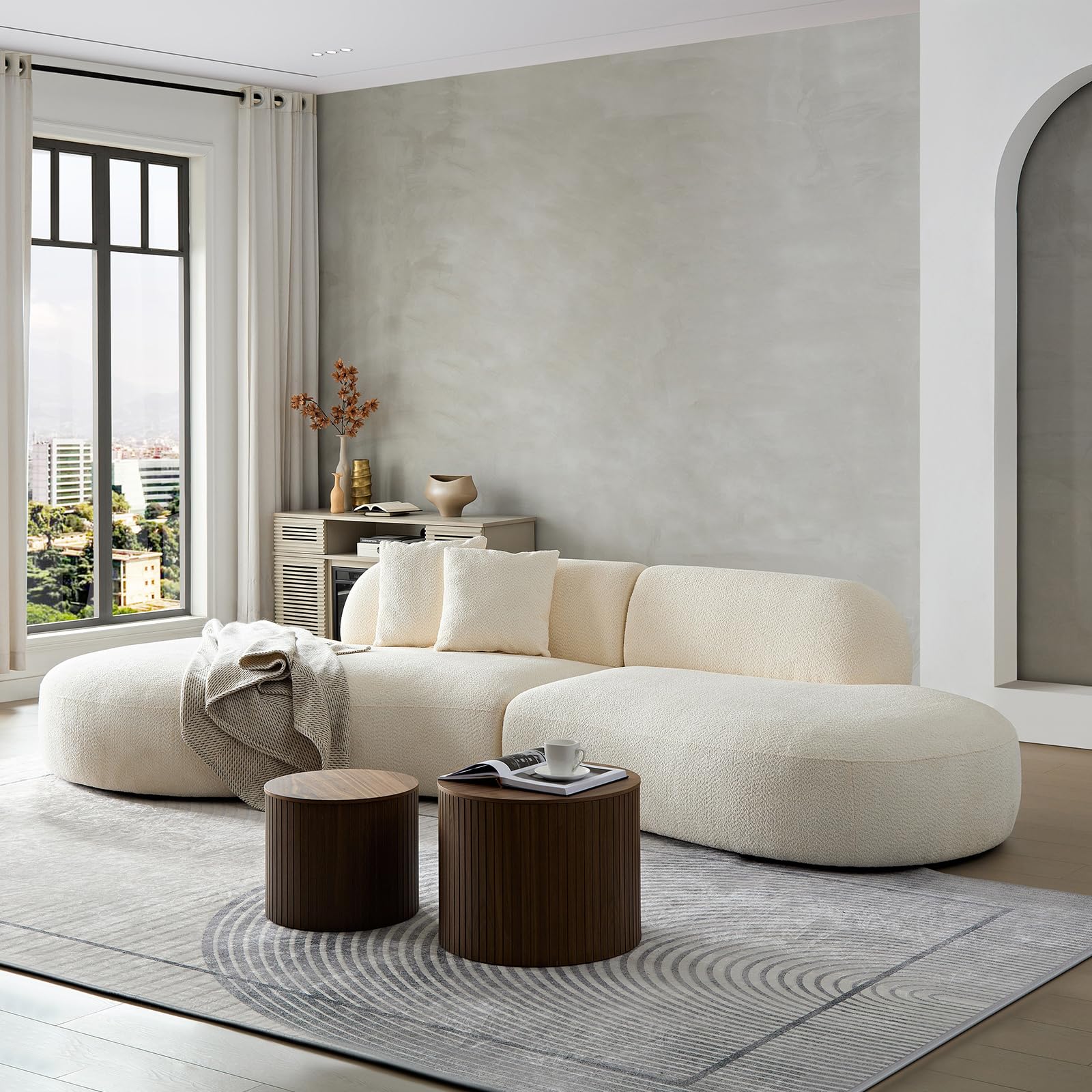 YOPENG 135.4" Curved Modular Sectional Sofa,Modern Boucle Fluffy Cloud Couch with Chaise,Oversized 6 Seater Extra Deep Comfy Upholstered Couches for Living Room,Apartment,2 Pillows,Left Facing,Beige