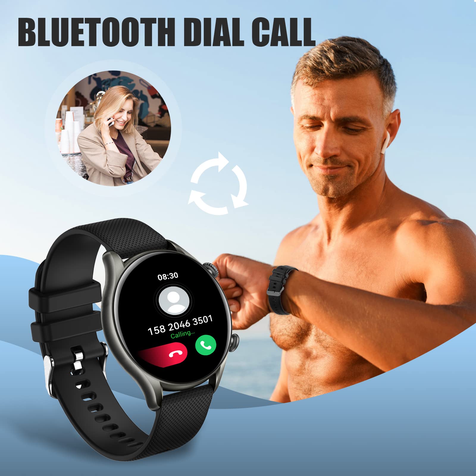 Smart Watch for Men 1.32” HD Touch Screen Fitness Tracker with Bluetooth Calls Step Counter Watch with Heart Rate Monitor Sleep Tracking Activity Trackers for iOS Android (Black)