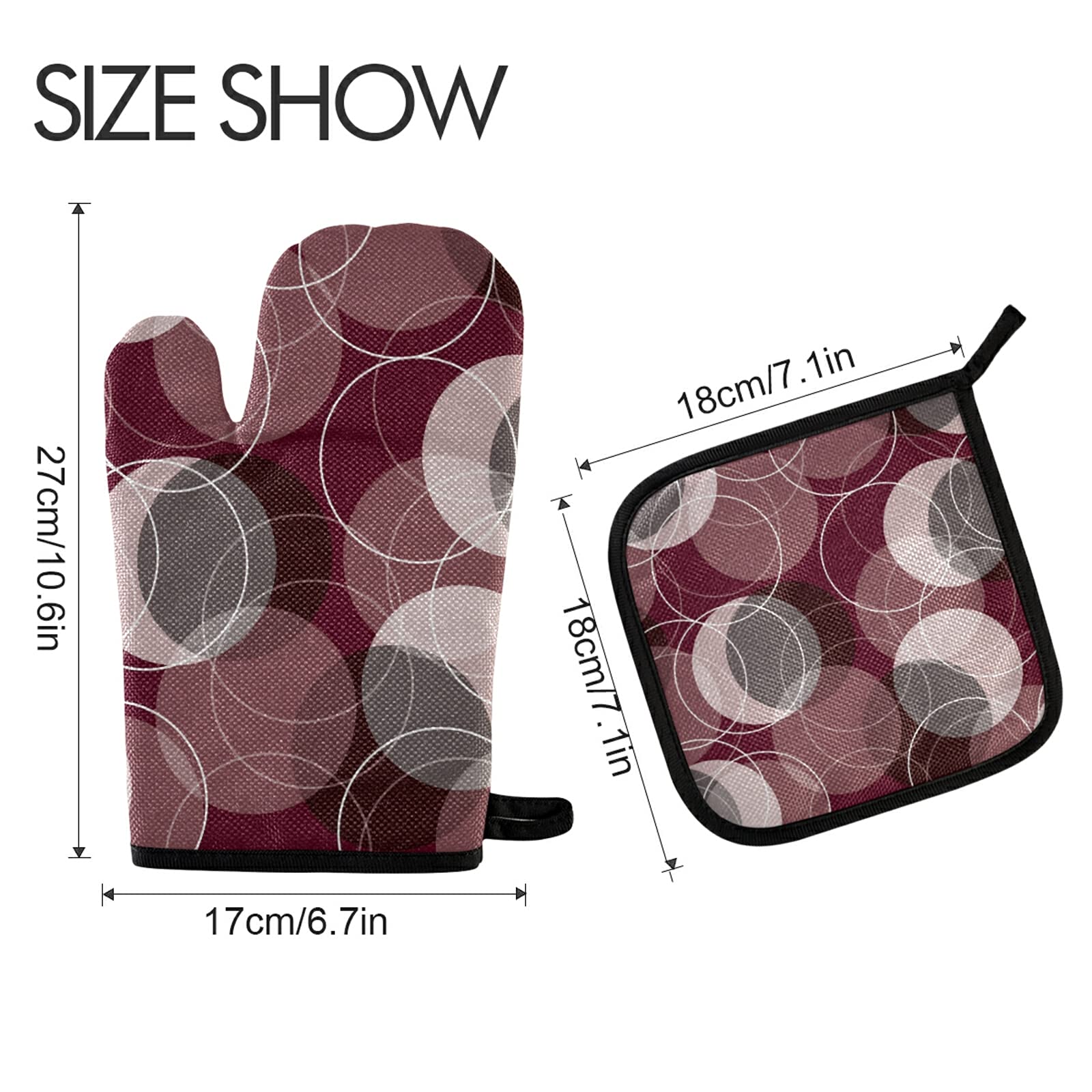 Poeticcity Retro Rings Maroon Grey Fuchsia Circles Oven Mitts Pot Holders Sets, Potholder Hot Pads Heat Resistant Kitchen Oven Gloves for Cooking Baking Grilling Barbecue