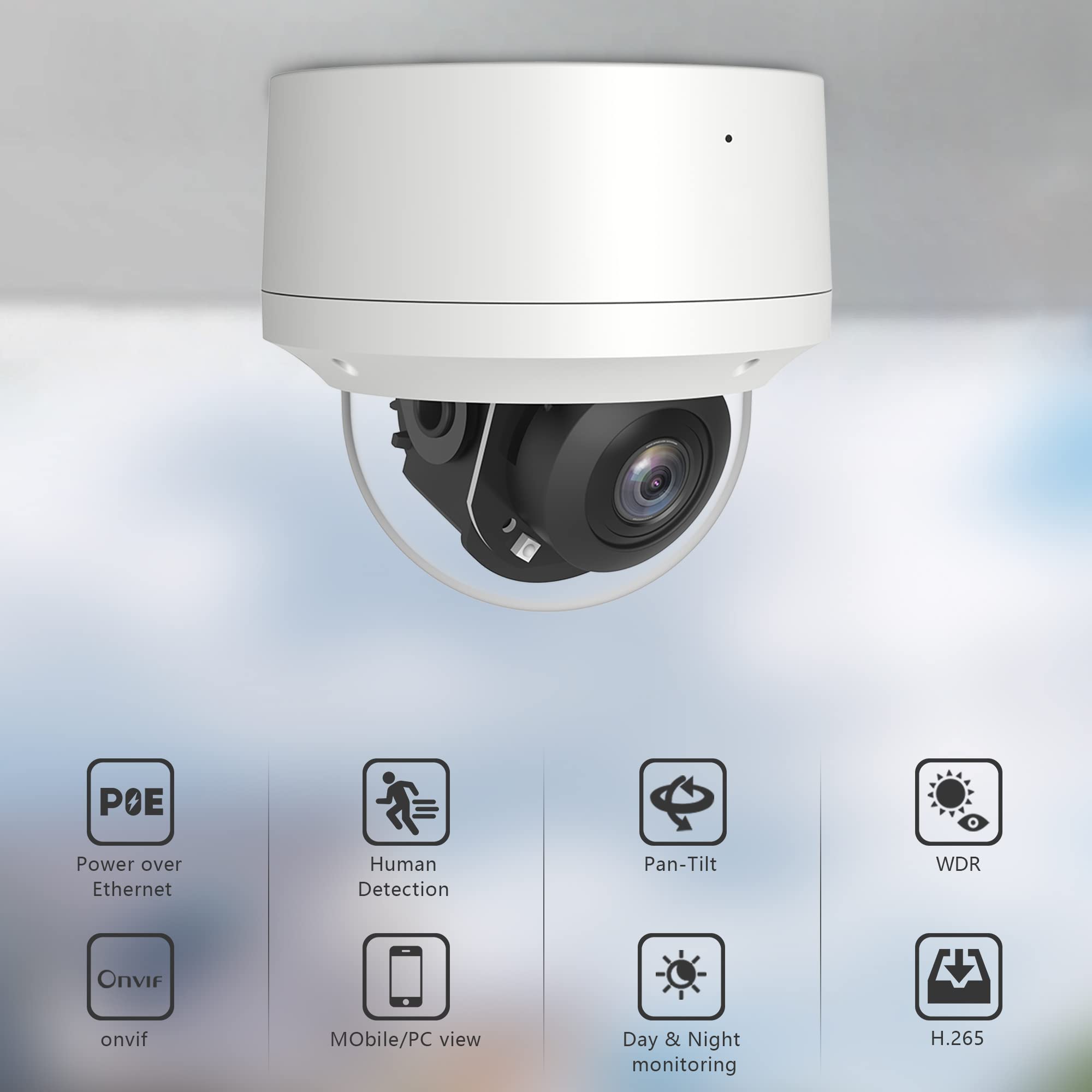 Vonihome 5MP PoE Pan Tilt Network Security Camera, 2.8mm Lens, Pan 0~355° Tilt 0~90°, Mic. Audio in, Waterproof, 80ft IR, 2.5'' IP Dome Camera, Compatible with Third-Party NVR and Software