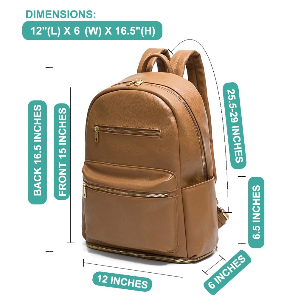 MOMINSIDE Small Diaper Bag Backpack, 13 Pockets Leather Mini Baby Bag Backpack, Breast Pump Bag, 13 Inch Laptop Sleeve, 2 Insulated Pockets, Bottom Compartment, Brown