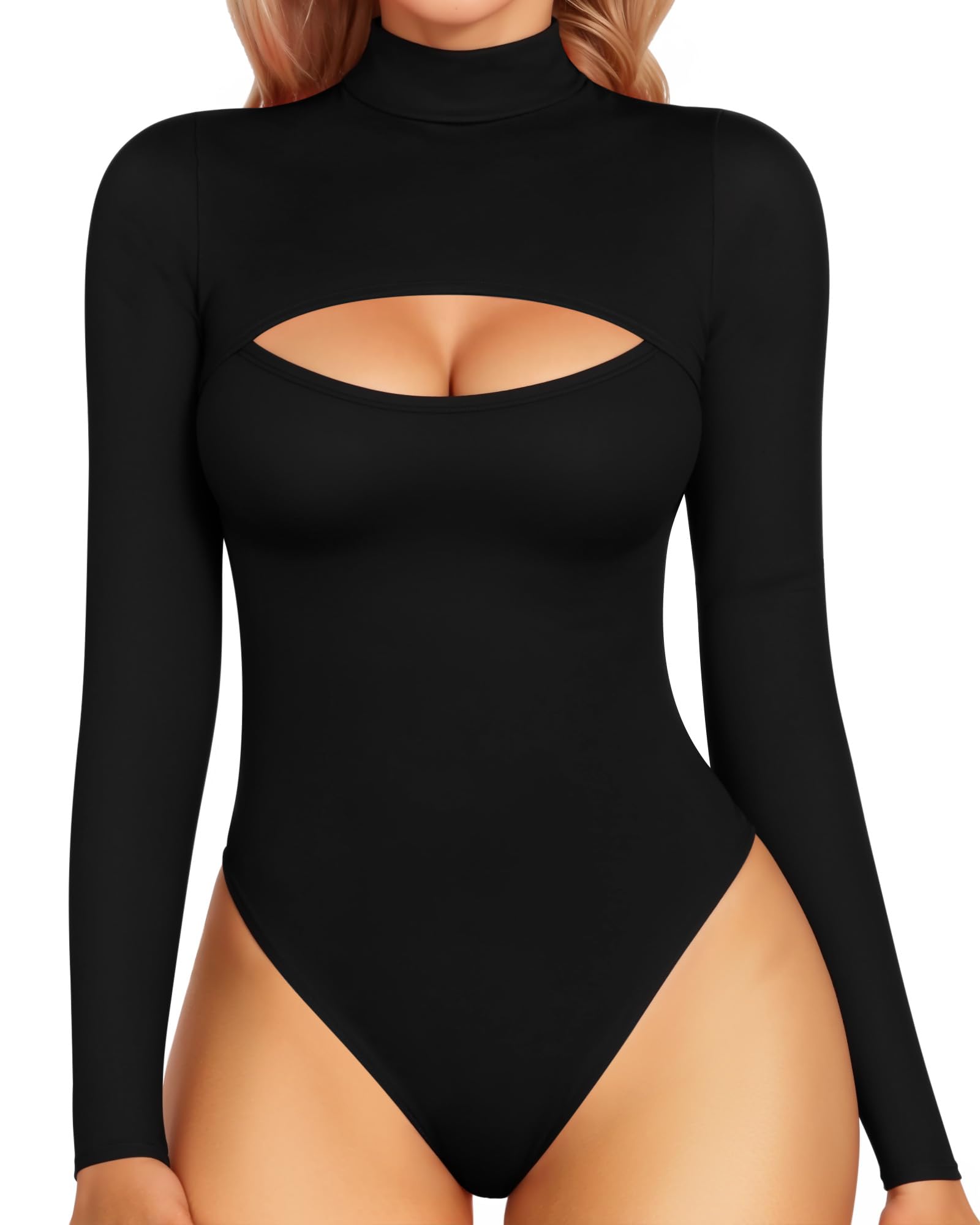 MANGOPOP Black Bodysuit Mock Neck Cutout Front Long Sleeve Tops