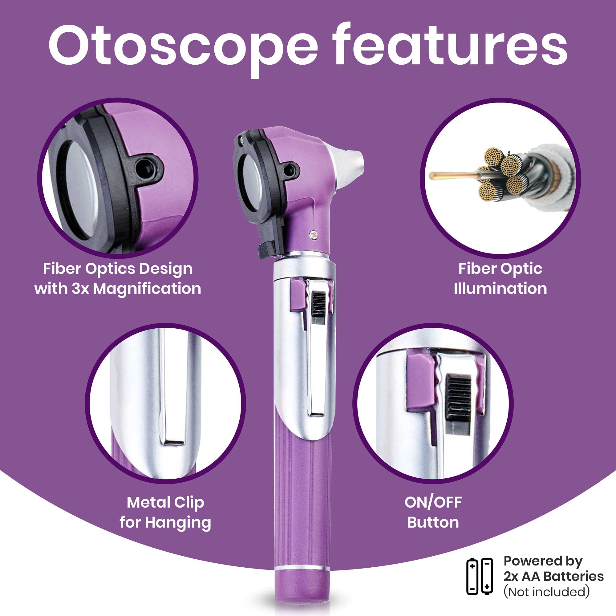 Zyrev ZetaLife Duplex Otoscope Set with 50 Extra Disposable Tips, Purple