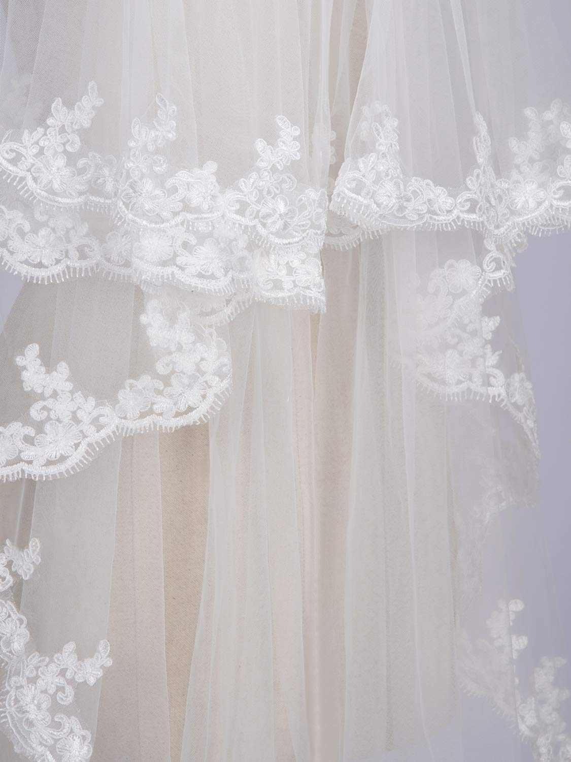MisShow Women's Bridal Tulle Veils with Comb Lace Edge Wedding Veils for Bride,White