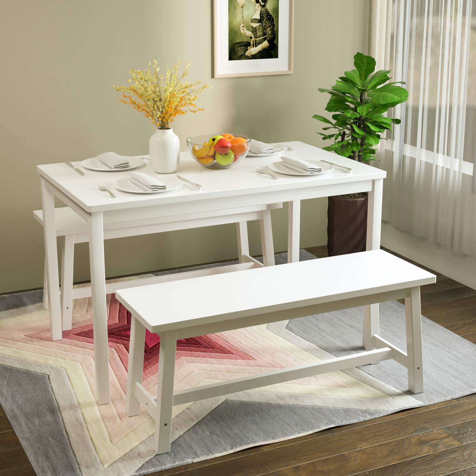 Mecor 3-Piece Dining Set Table with 2 Benches, Solid Pine Wood Tabletop and Benches Set for Home Kitchen Dining Room Furniture (White)