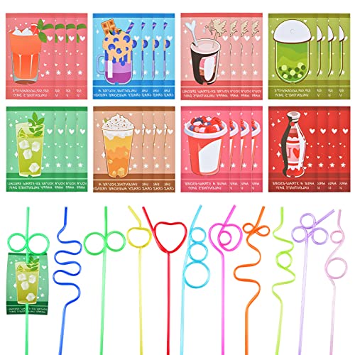 Valentines Day Cards for Kids with 32 Pack Crazy Straws Reusable Colorful Drinking Loop Straws for Classroom School Exchange Gifts Birthday Valentine Candy Treats Party Favor Game Prizes for Kids
