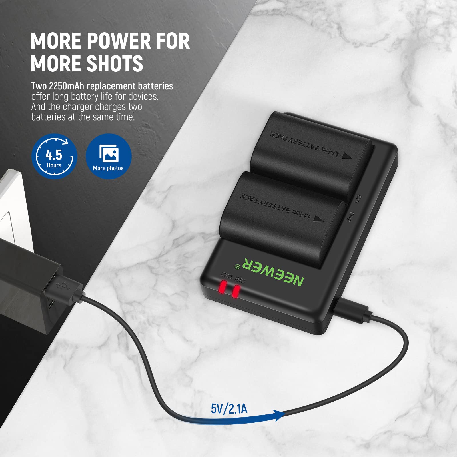 NEEWER Vertical Battery Grip Replacement for BG-R10 with 2 Pack 2250mAh LP-E6/LP-E6N/LP-E6NH Batteries and Dual Slot USB Battery Charger, Compatible with Canon EOS R5 R5C R6 R6 Mark II