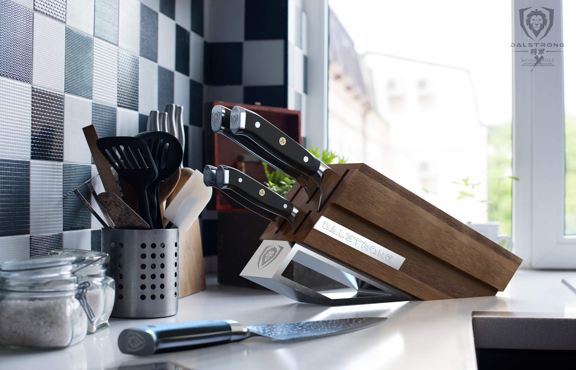 The Shogun Series X 5-Piece Knife Block Set Bundled with The Dalstrong Premium Whetstone Kit - #1000/#6000 Grit with Stand