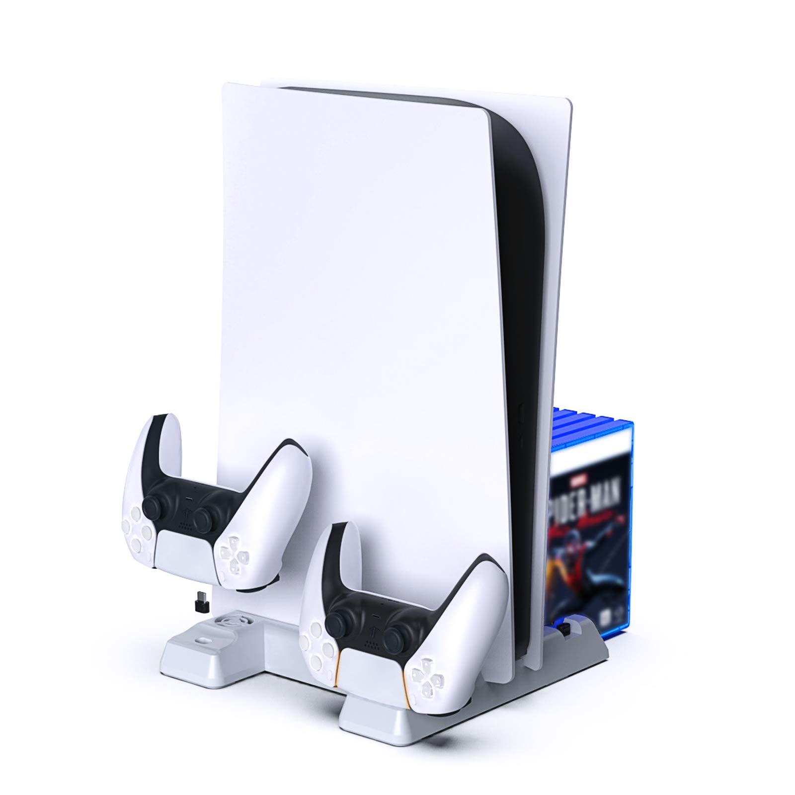 PS5 Stand with Suction Cooling Fan and Dual Controller Charger Station with Charging Dock Station and 12 Game Slots- 2 IN1 Cable Included