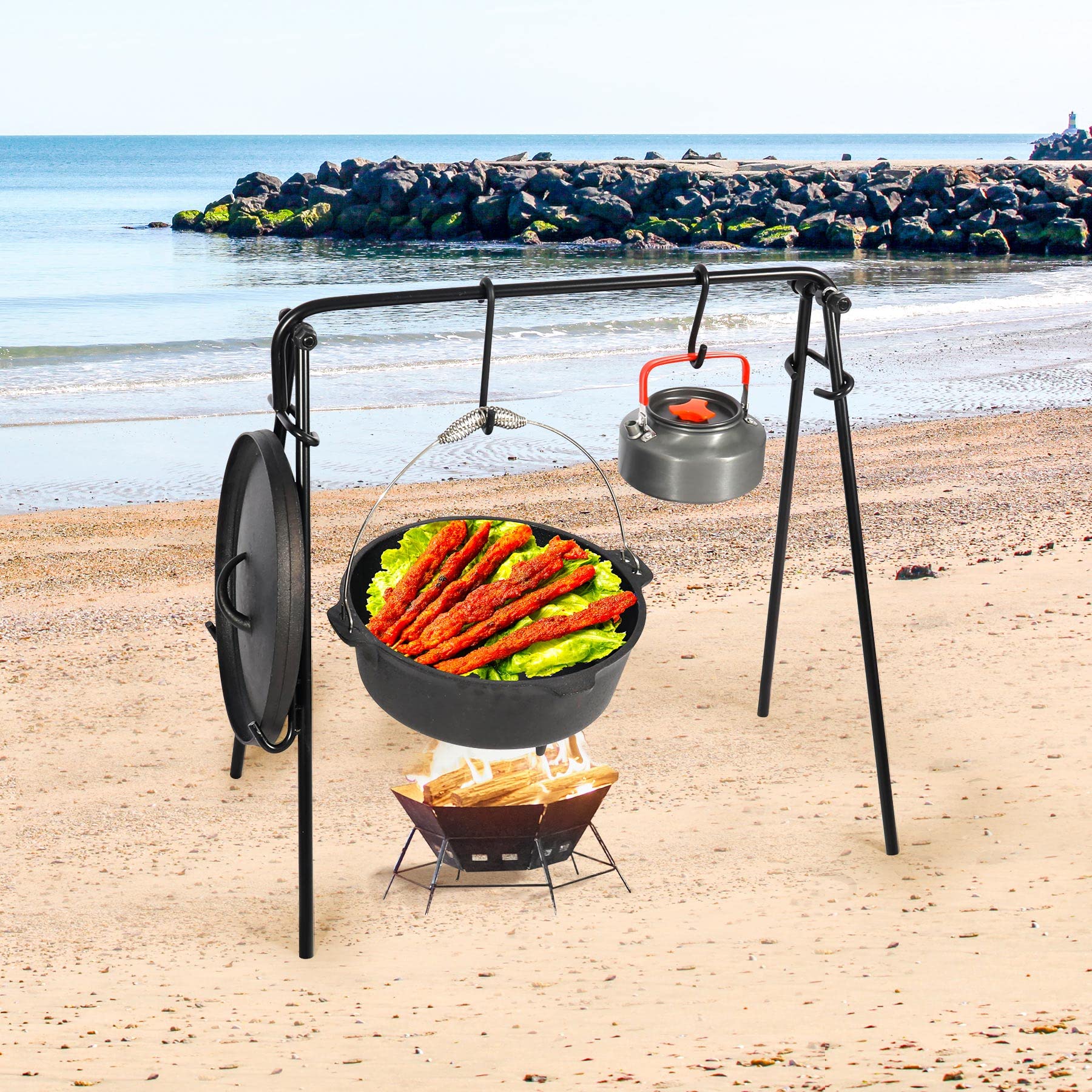 REDCAMP Campfire Cooking Stand, Portable Grill Swing with Hooks and Accessories, Cookware Hanging Rack for Cookware & Dutch Oven,Small
