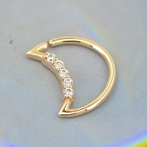 OUFER 16G Daith Earrings 14K Solid Gold Daith Hoop Cubic Zirconia Paved Moon Daith Piercing Jewelry Cartilage Earring Hoop