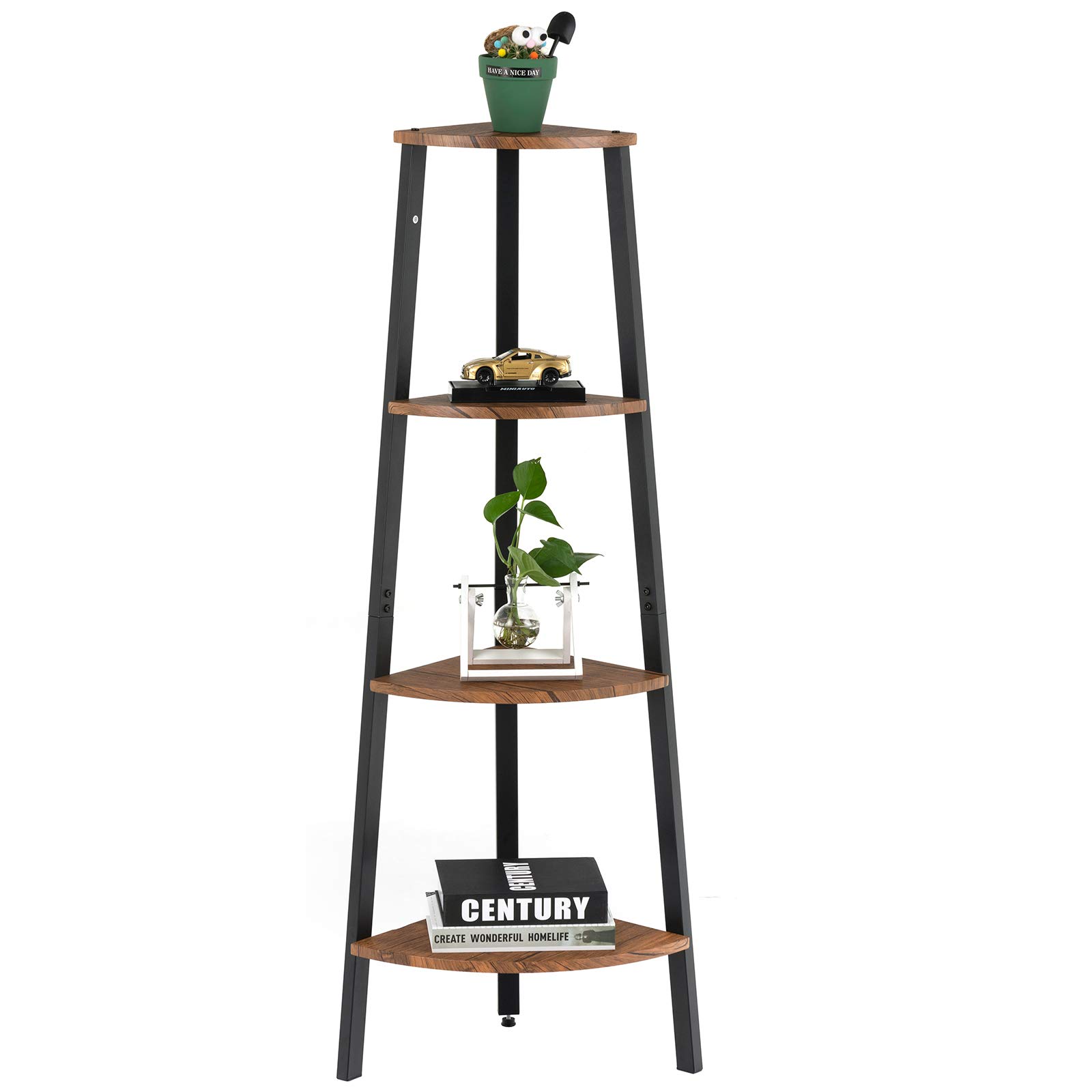 mecor 4 Tier Industrial Corner Shelf, Rustic Corner Storage Rack Plant Stand Metal Frame Bookcase Display Rack for Home Office