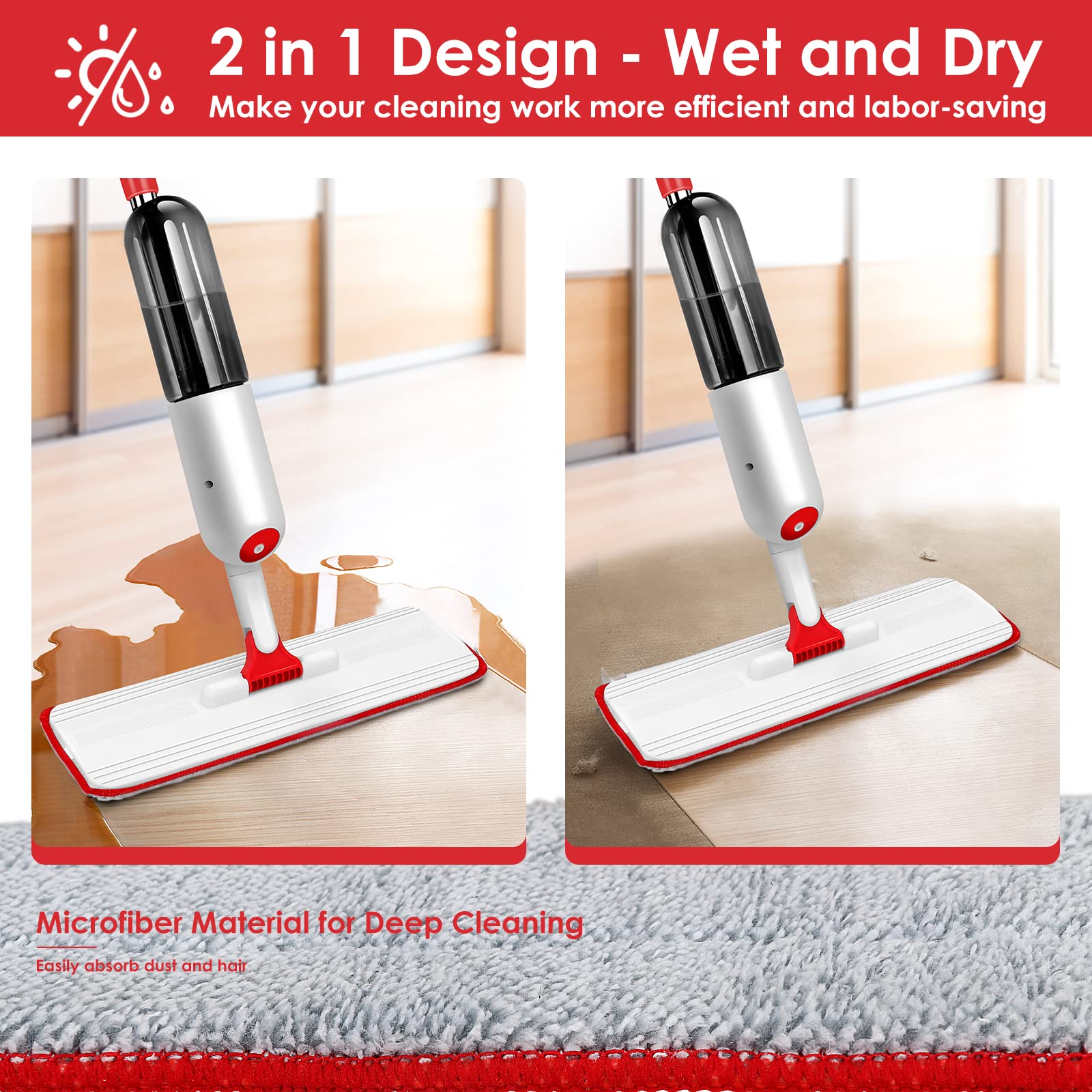 ZNM Spray Mop, Microfiber Flat Mops with 5 Washable Pads & 500ML Refillable Bottle, Hardwood Floor Mop with Spray, Wet Dry Mops for Wood, Laminate, Tile, Vinyl Floors Cleaning