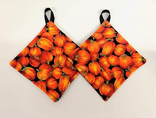 Potholder Set in a Fall Pumpkin Fabric Print by Sewuseful Studios LLC