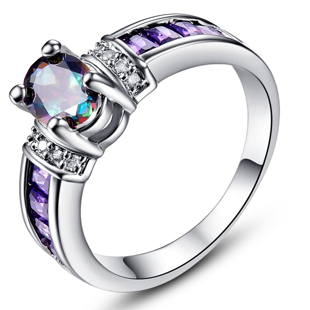 Psiroy 925 Sterling Silver Plated Created Rainbow Topaz Filled Engagement Rings Size 12