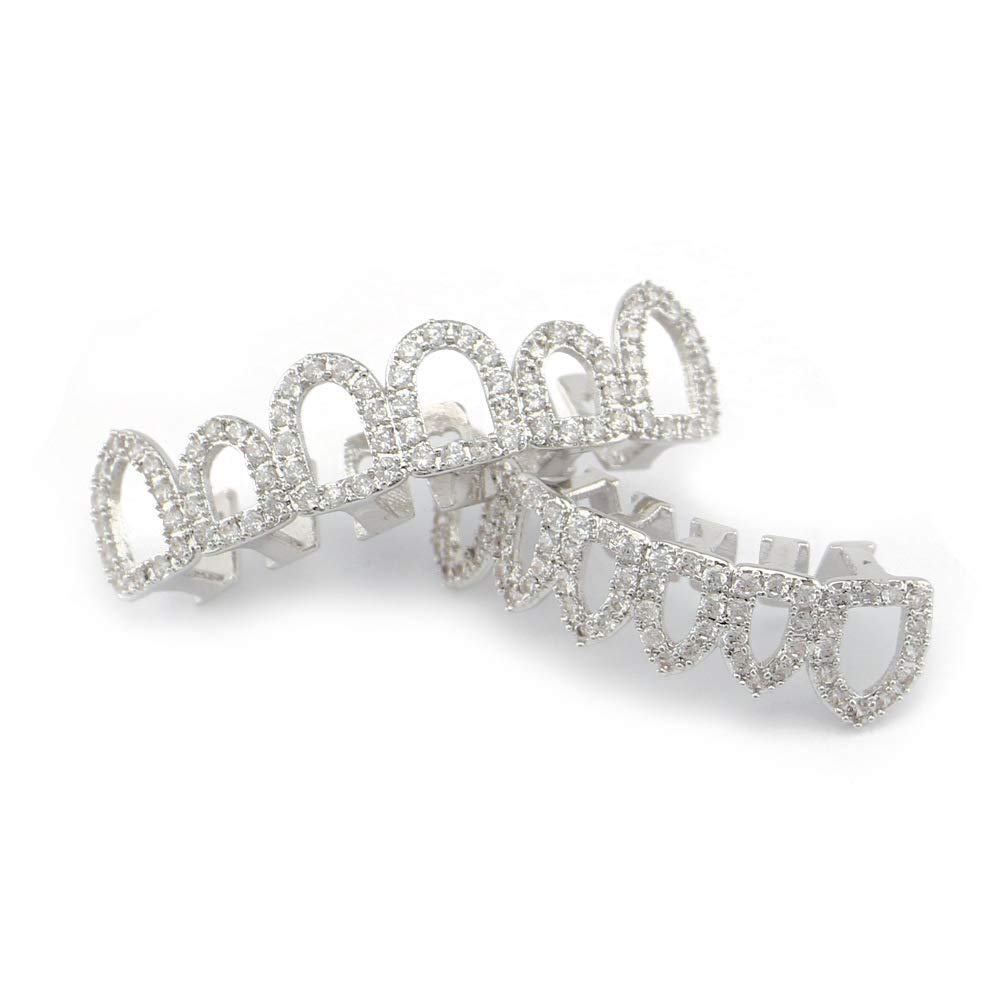 Psivika Gold Shiny Plated Hip Hop Teeth Grillz Caps Iced Out CZ Top and Bottom Vampire Fangs Grillz for Your Teeth for Men and Women (Silver)