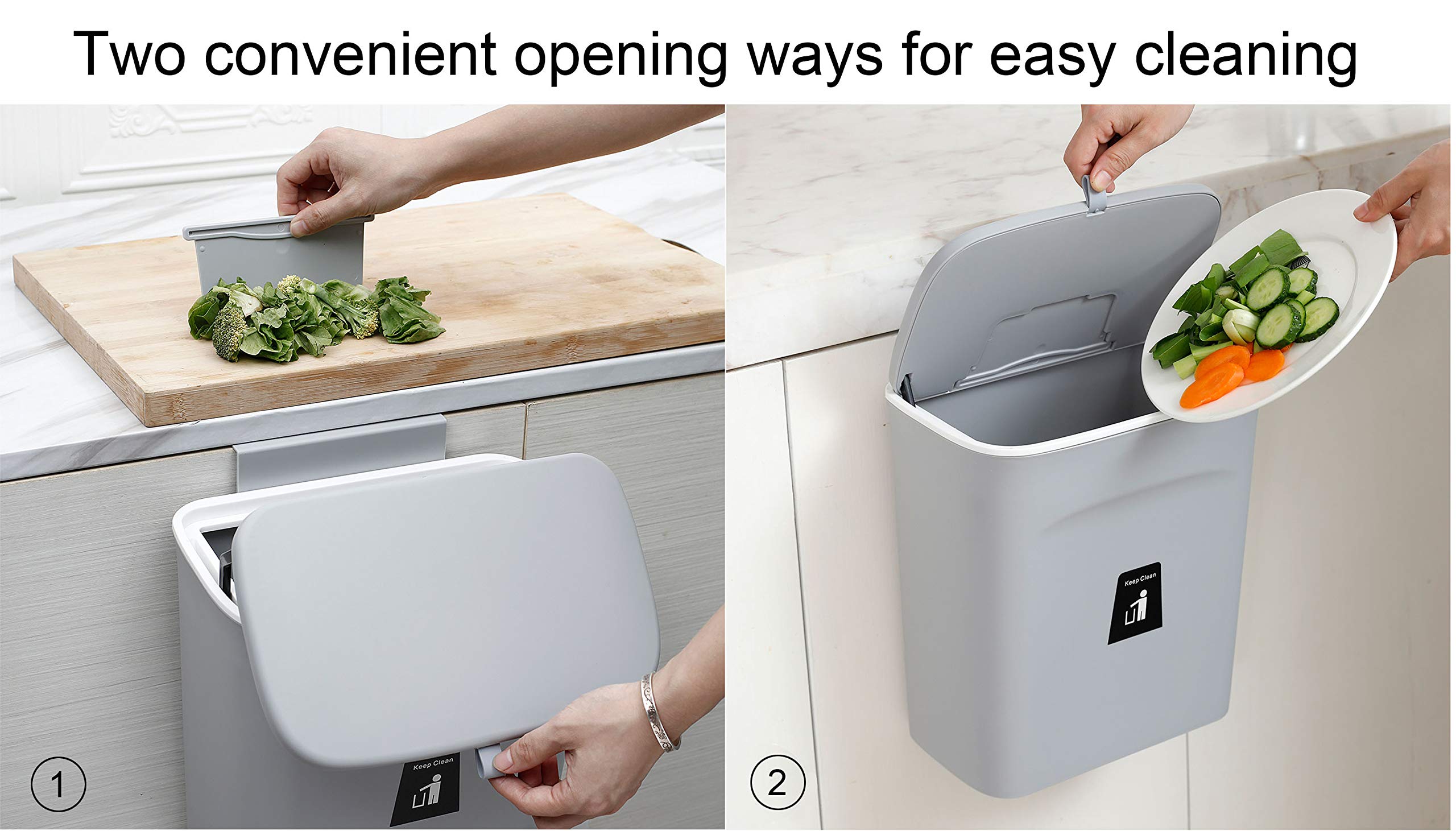 Lunies 2.4 Gal Compost Bin/Hanging Small Trash Can with Lid for Kitchen Cabinet Door/Counter Top/Under Sink/Bedroom/Bathroom/Cupboard Grey