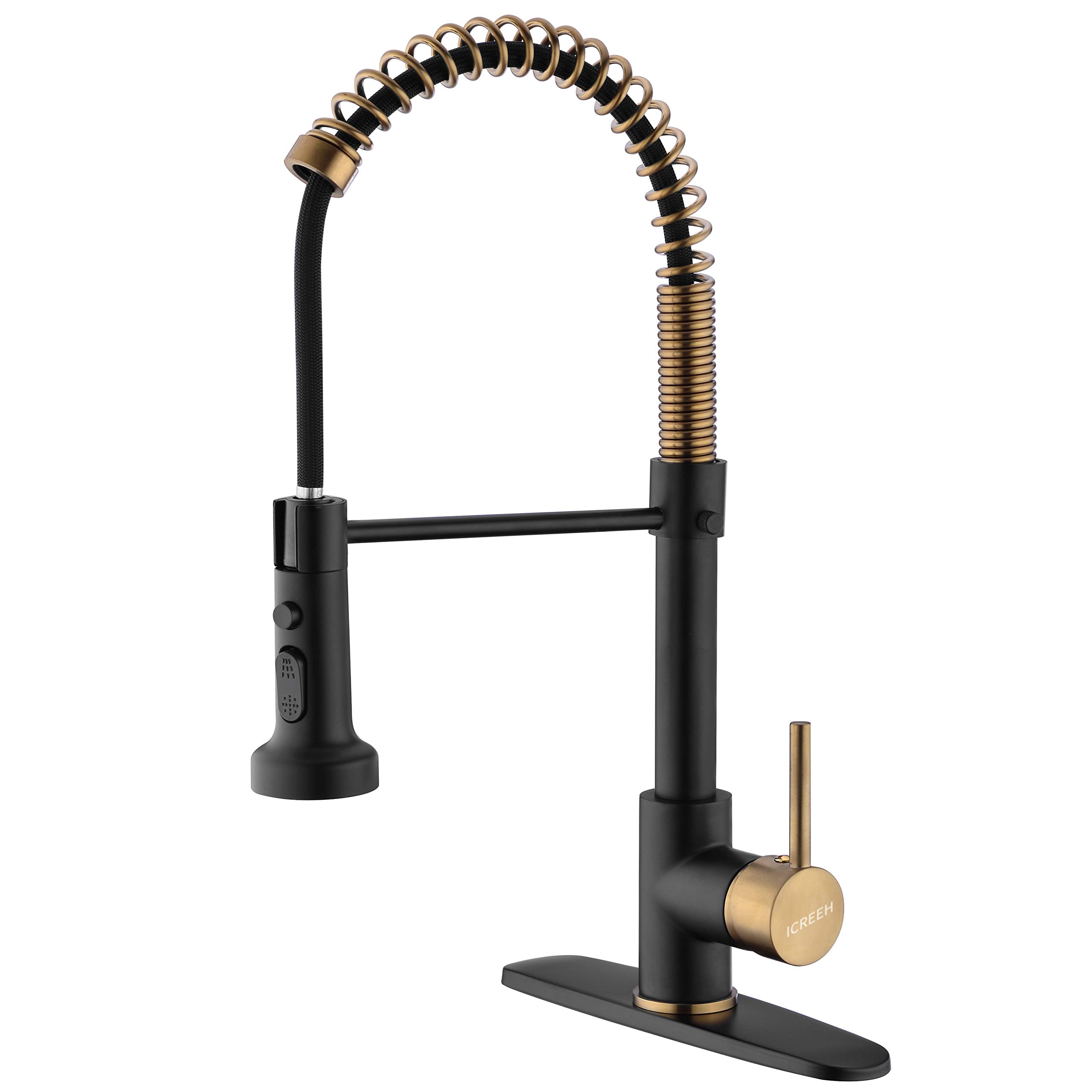 Matte Black and Gold Kitchen Faucet,Black and Gold Kitchen Faucet with Pull Down Sprayer Commercial Single Handle Spring Kitchen Faucet for Kitchen Sink,Matte Black & Gold