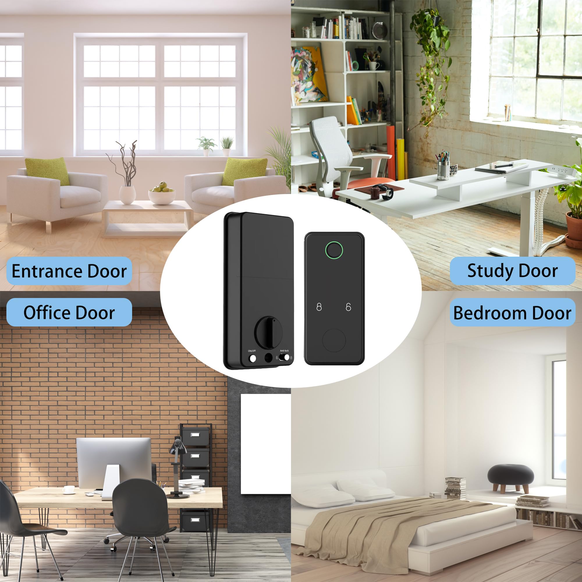 Matte Black Automatic Smart Lock, 5-in-1 Keyless Entry Door Lock, App Remote Control, Electronic Door Lock with Fingerprint, IC Cards, Touchscreen Keypad, Key,No Bridge Required, Easy Installation