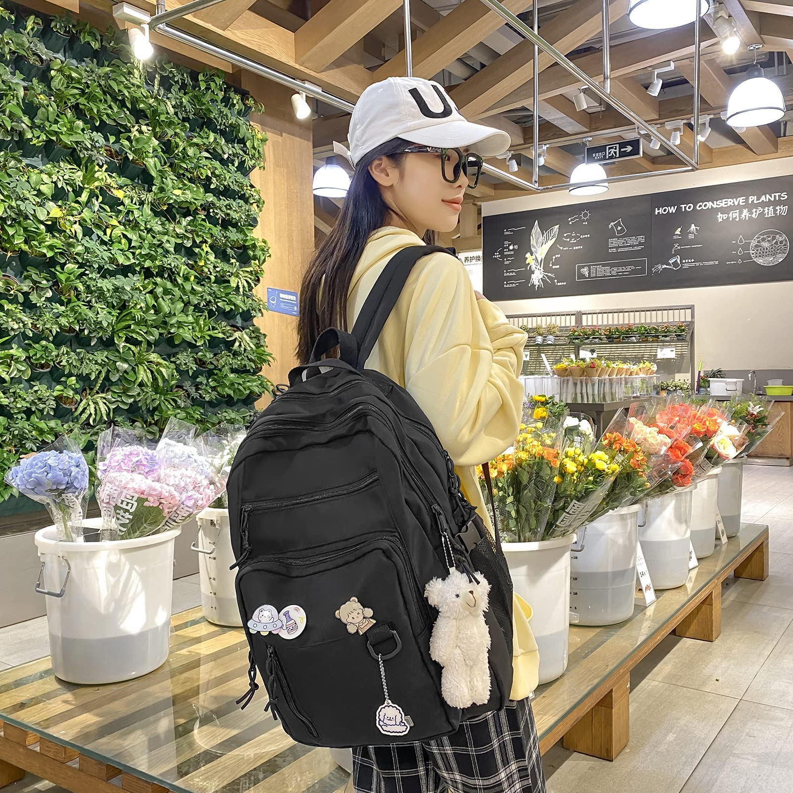MININAI Aesthetic College Backpack with Pins and Plushies Kawaii Laptop Backpack Preppy Daypack Cute Travel Bag Book Bag (Black,One Size)