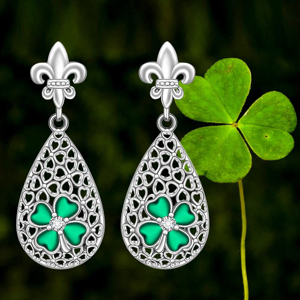 Shamrock Earrings Four Leaf Clover St Patricks Day Earrings for Women Celtic Knot Irish Leverback Drop Dangle Sterling Silver Studs Green Shamrock Jewelry