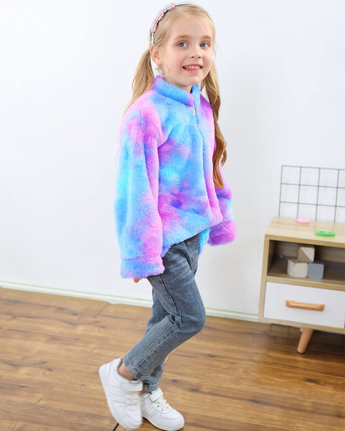 Nirovien Toddler Girls Tie Dye Fleece Jacket 1/4 Zip Sherpa Pullover Sweatshirts Outerwear Coats 2-7Y(Blue Purple,3T)